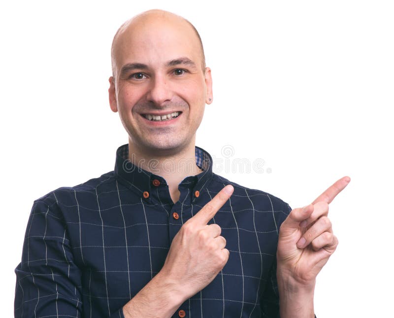 Happy Bald Man Pointing Fingers Stock Photo - Image of caucasian ...
