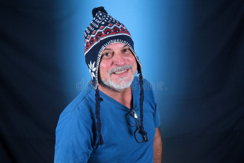 Happy Bald Man with White Beard Peruvian Cap on His Head Looking ...