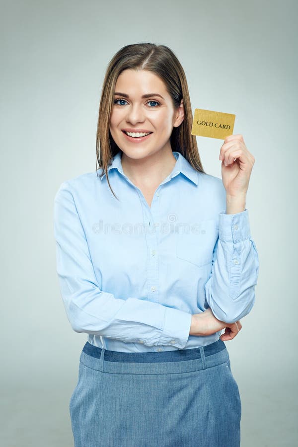 Happy Bank Emloyee Woman Holding Golden Credit Card. Stock Image ... Happy Bank Emloyee Woman Holding Golden Credit Card. Stock Image ...