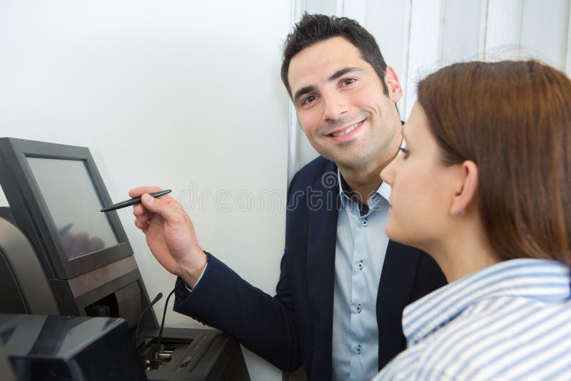 Happy Banker Assisting Female Customer Stock Image - Image of european ...