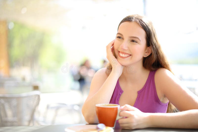 Happy Bar Customer in a Terrace Looks Away Stock Image - Image of ...