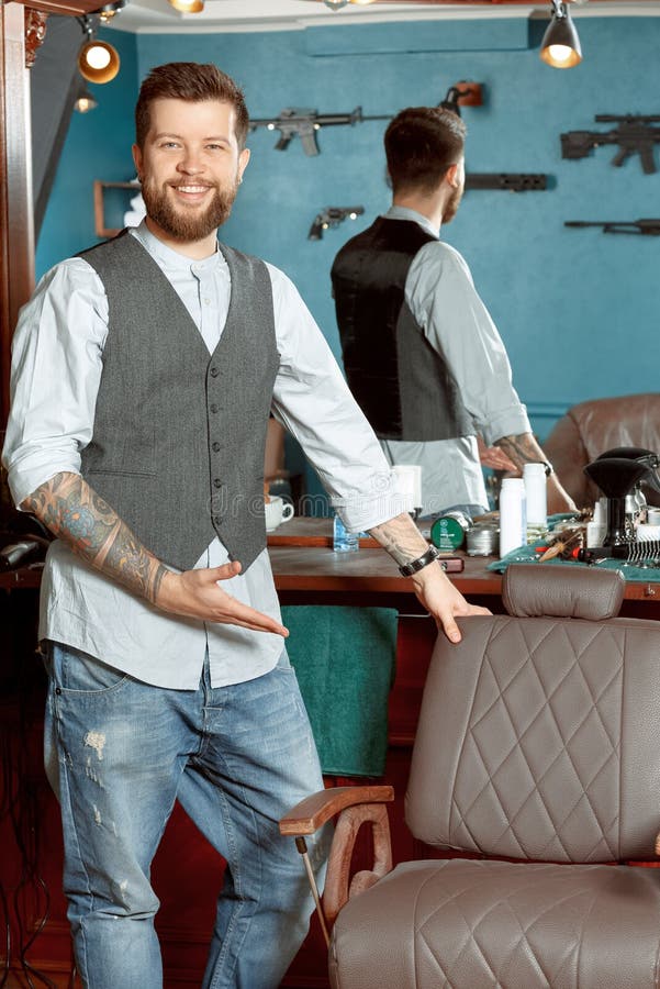 Happy Barber Leaning on a Chair Stock Image - Image of handsome, cream ...