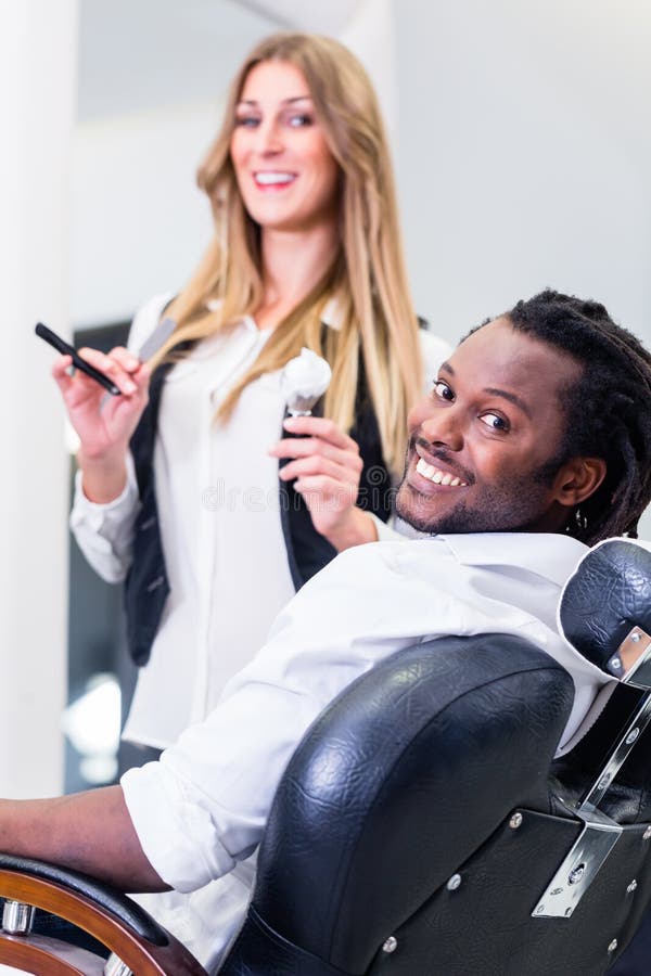 Happy Barber and Smiling Customer in Salon Stock Image - Image of ...