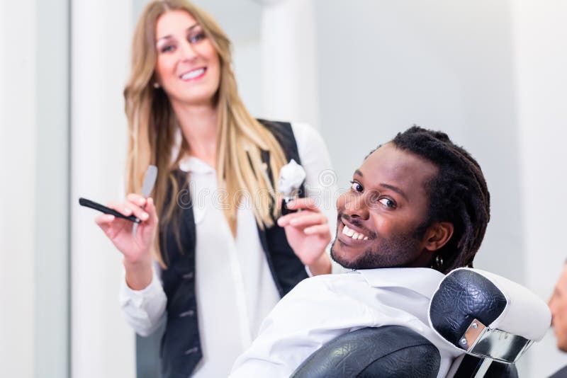Happy Barber and Smiling Customer in Salon Stock Image - Image of ...