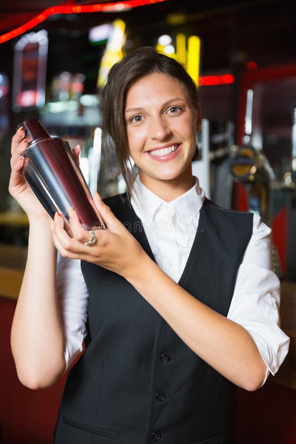 Happy Barmaid Smiling at Camera Making Cocktail Stock Image - Image of ...