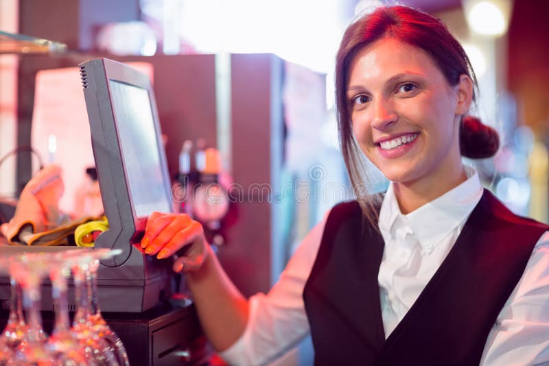 Happy Barmaid Using Touchscreen Till Stock Image - Image of working ...
