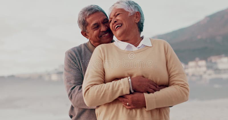Happy Beach And Old Couple With Love Hug And Romance With Marriage