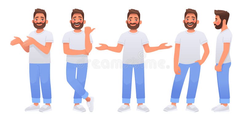 Happy Bearded Man Character Set. the Guy Points and Shows Something ...