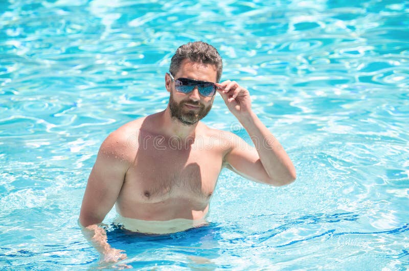 Happy Bearded Man in Glasses Swimming in Pool on Summer, Relax Stock ...