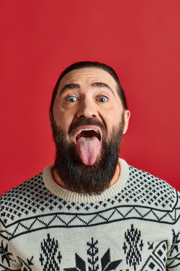 Happy Bearded Man In Sweater With Stock Image Image Of Concept Noel