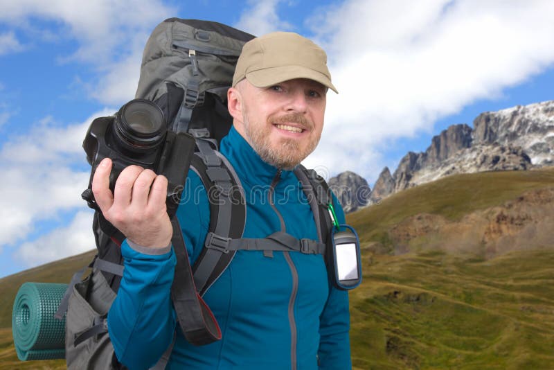 Happy Bearded Tourist with Camera on the Background of Beautiful ...