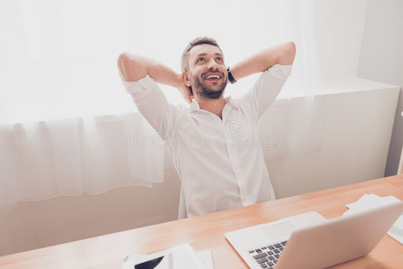 Happy Bearded Worker Having Break and Resting after Work Stock Photo ...
