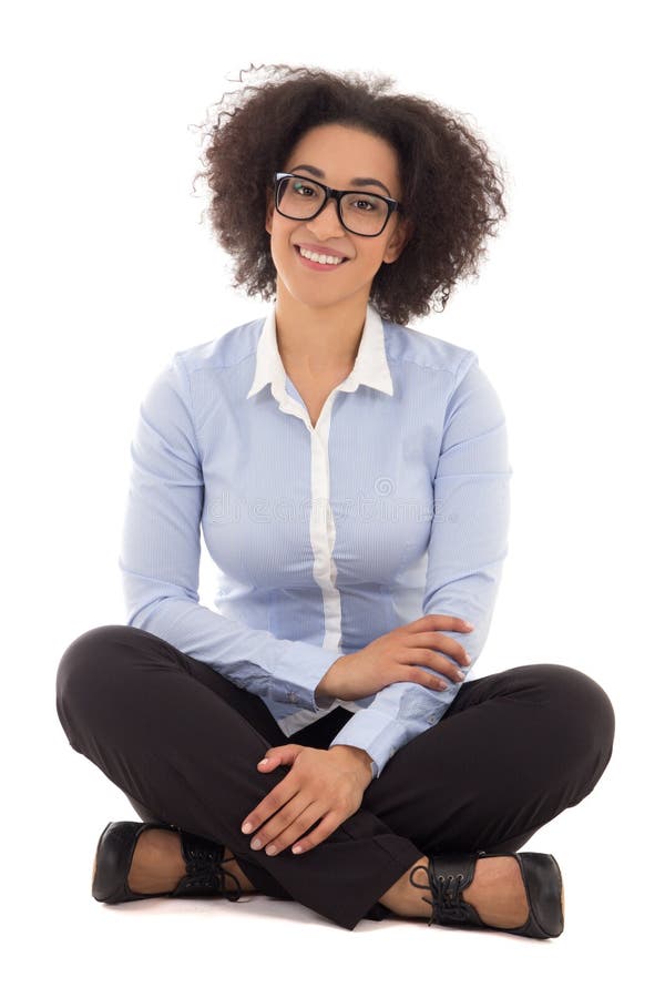 Happy Beautiful African American Business Woman Sitting Isolated Stock