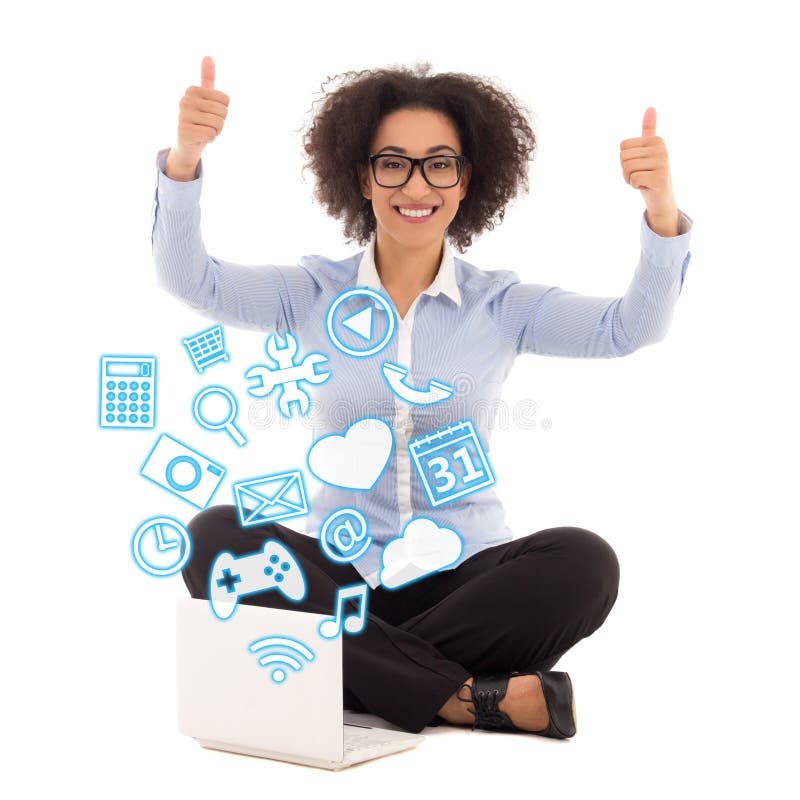 Happy Beautiful African American Business Woman Sitting With Lap Stock