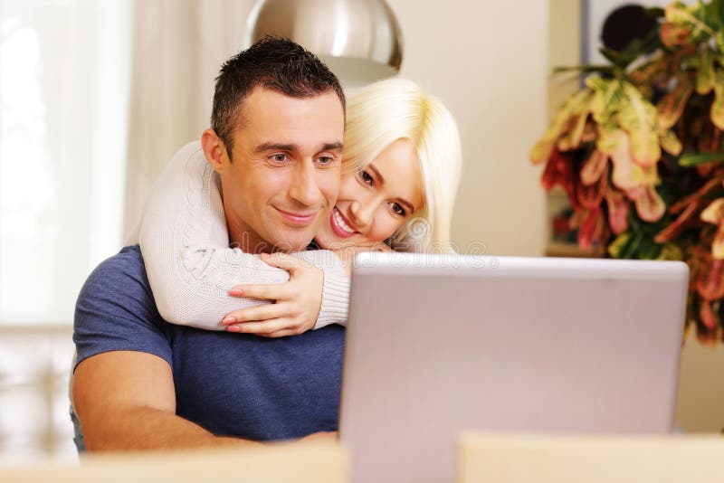 Happy Beautiful Couple with Laptop Stock Photo - Image of people ...
