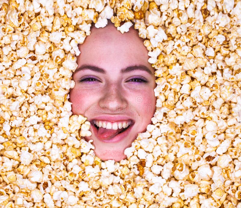 Happy Beautiful Female Face in Popcorn Stock Image - Image of holding ...