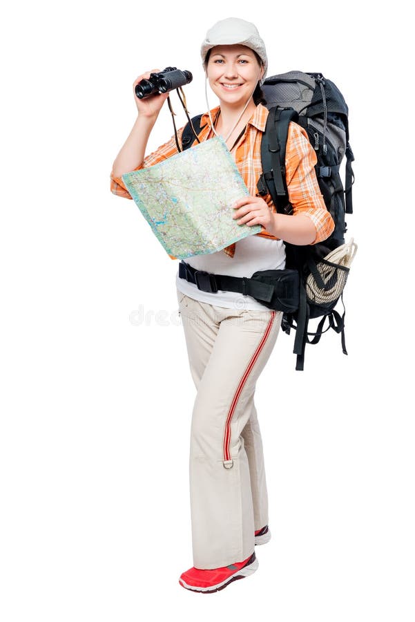 Happy Beautiful Girl with Big Backpack, Map and Binoculars Stock Image ...