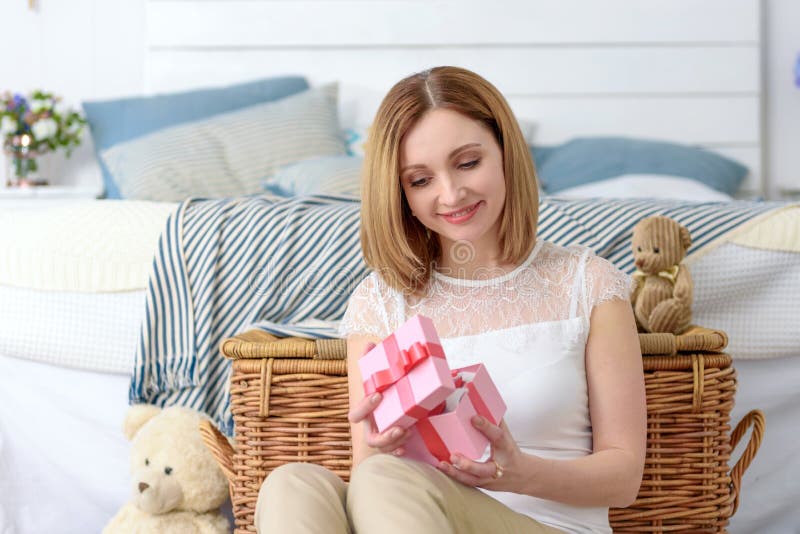 Happy Beautiful Girl Open Pink Gift Box Stock Image - Image of ...