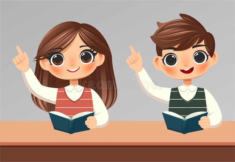 Happy Beautiful School Kids Raising Hands in Class, Illustration of ...
