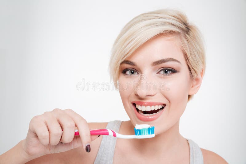 Happy Beautiful Woman Brushing Teeth Stock Image Image Of Horizontal
