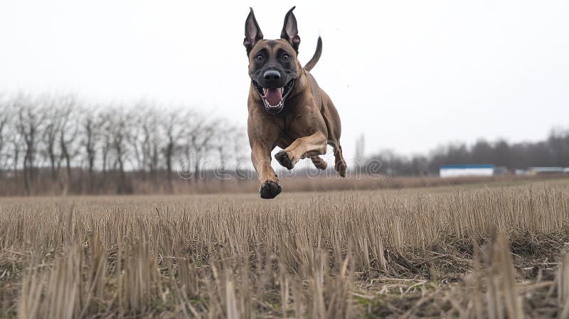 Happy Belgian Malinois Leaps in Field, Winter Landscape Stock Photo ...