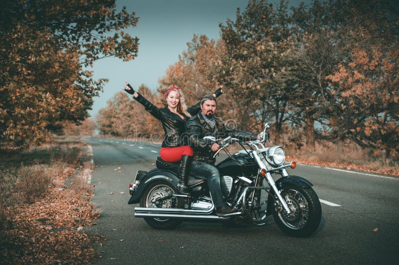 Happy Bikers Posing with Motorcycle. Stock Photo - Image of caucasian ...