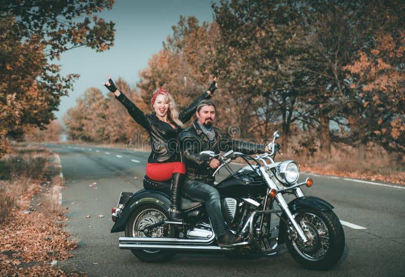 Happy Bikers Posing with Motorcycle. Stock Photo - Image of caucasian ...
