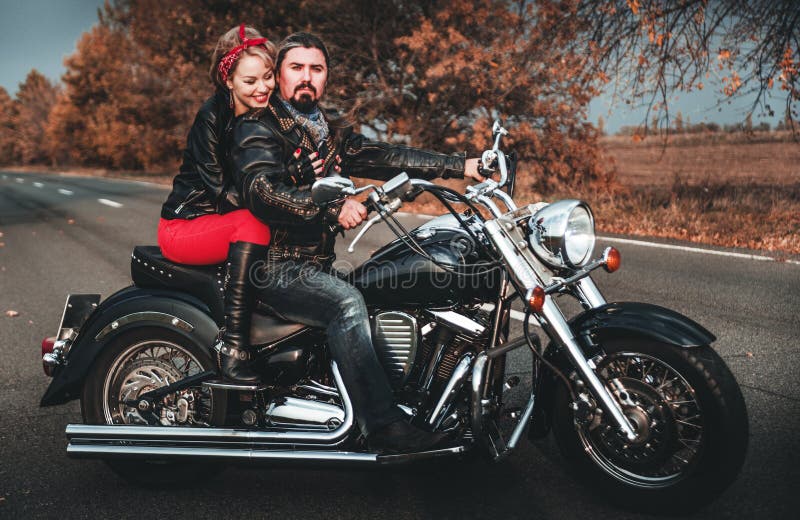 Happy Bikers Posing with Motorcycle. Stock Photo - Image of caucasian ...