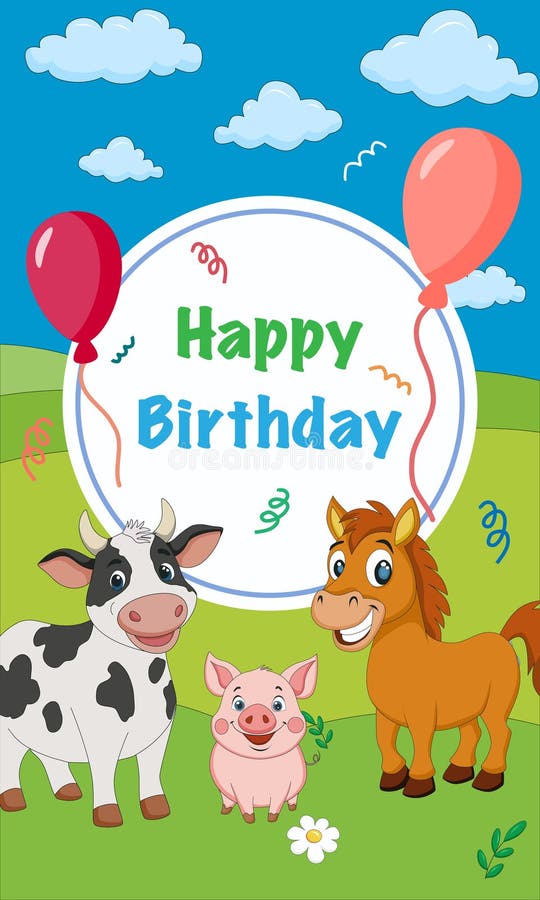 Happy Birthday Farm Animals Card with Balloons Stock Vector ...
