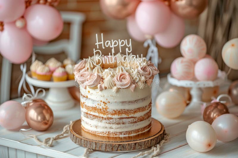 Happy Birthday Cake on Table in Luxury Party at House Stock Image ...