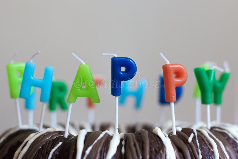 Happy Birthday Candles On Chocolate Cake Stock Image Image Of Blue