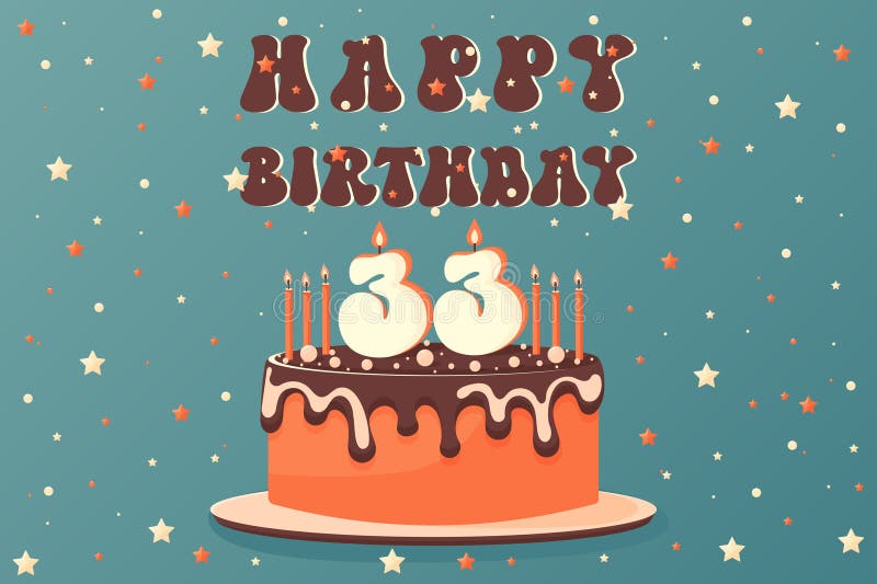 Happy 33 Birthday Card with Birthday Cake in Retro Colors Flat Vector ...