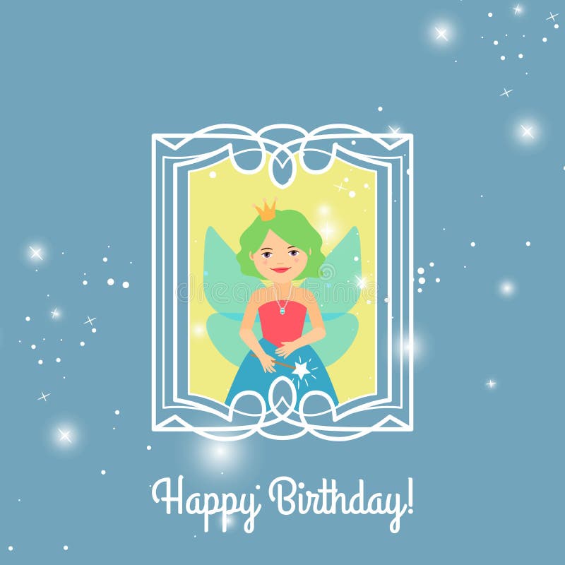 Happy Birthday Blue Card With Princess Stock Vector Illustration Of