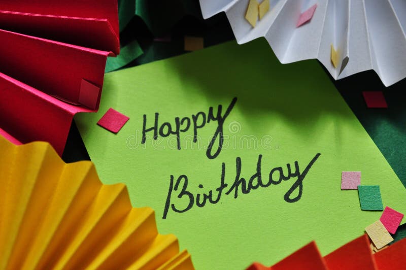 Handwritten Green Birthday Card with Colorful Confetti Stock Image ...