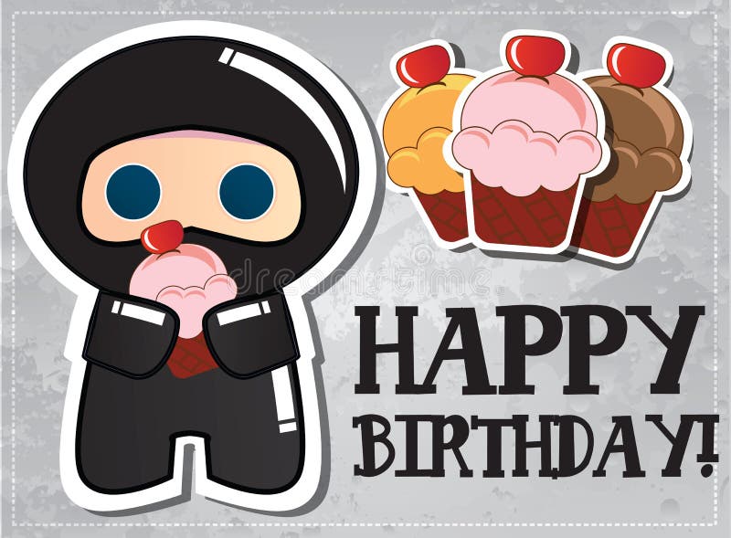 Happy Birthday Card with Cute Cartoon Ninja Stock Vector - Illustration ...