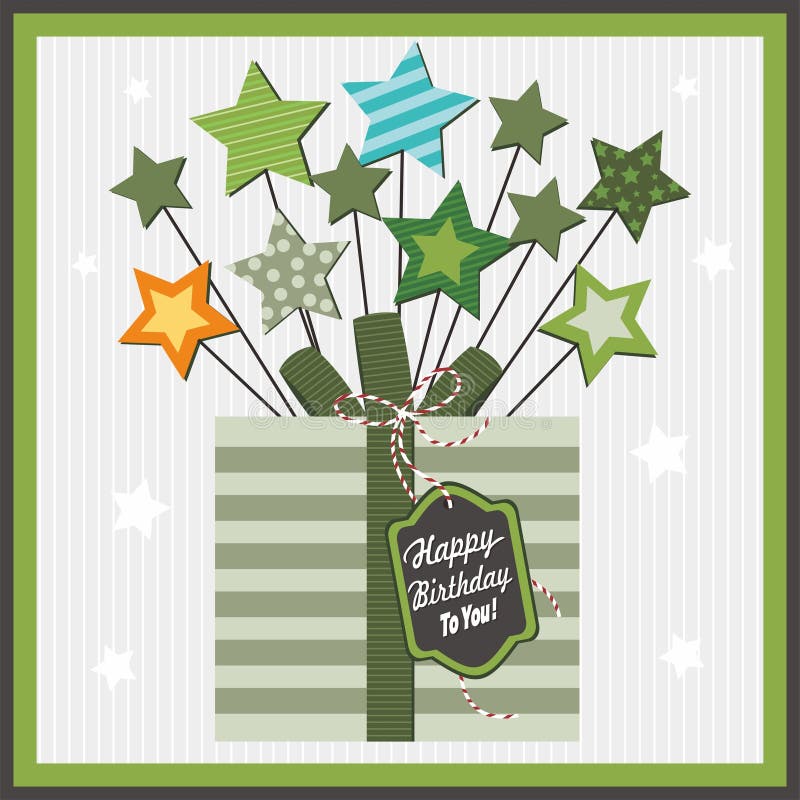 Happy Birthday Card Design with Gift and Stars Stock Vector ...