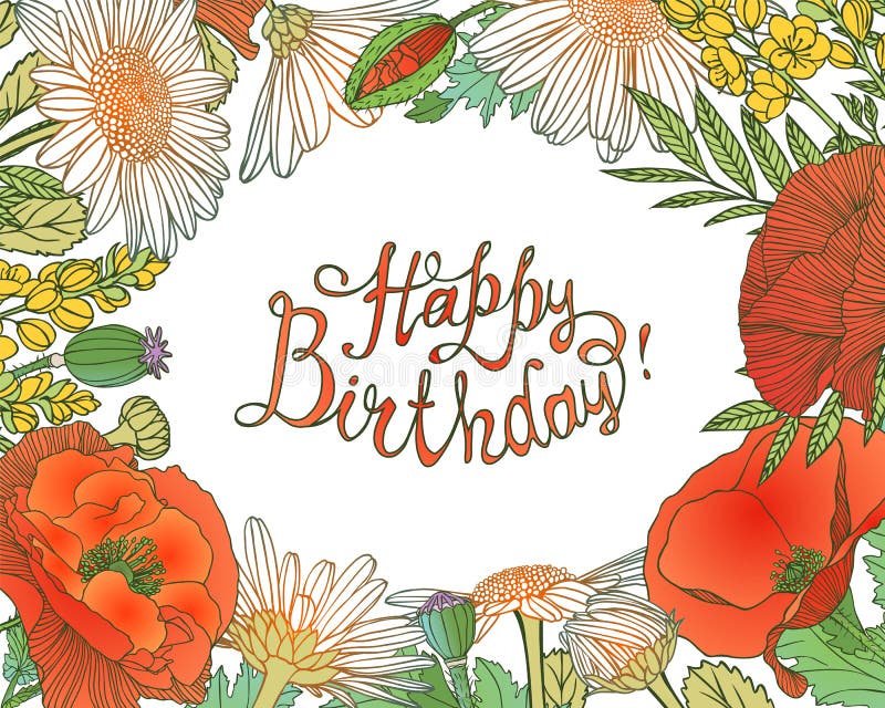 Happy Birthday! Card with Floral Frame Stock Vector - Illustration of ...