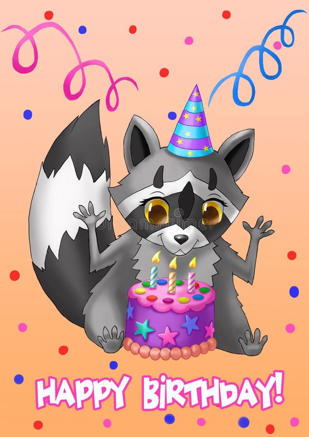Happy Birthday Card. Raccoon with a Cake Stock Illustration ...