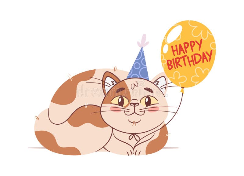 Happy Birthday Cat with Balloon Stock Vector - Illustration of festive ...