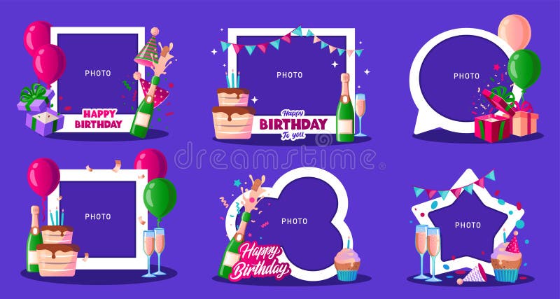Happy Birthday Celebration Frames. Gradient Vector Photo Borders with ...