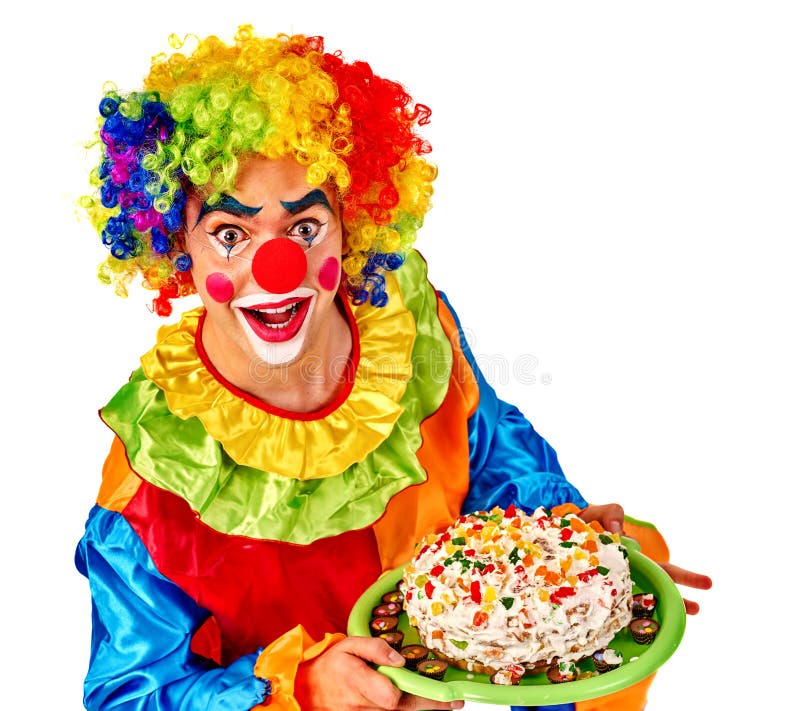 Happy Birthday Clown Man Keeps Cake on Plate. Stock Photo - Image of ...