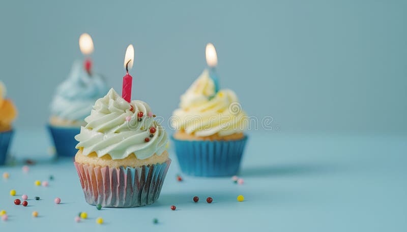 Happy Birthday. Colorful Cupcakes with Candles on Light Blue Background Stock Image - Image of ...