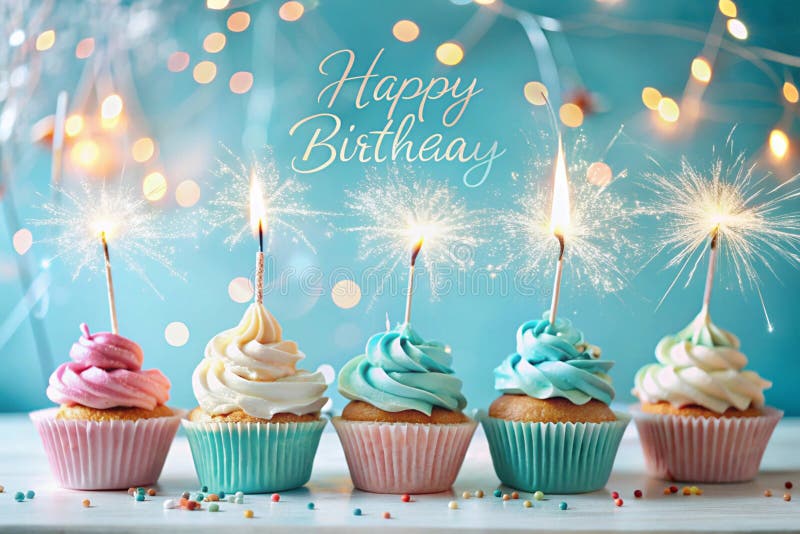 Happy Birthday Cupcakes with Sparklers on Light Blue Background Stock ...