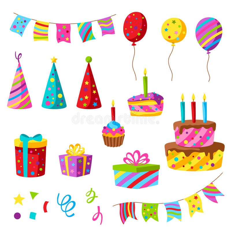 Happy Birthday Icon Set. Celebration or Holiday Items Stock Vector ...