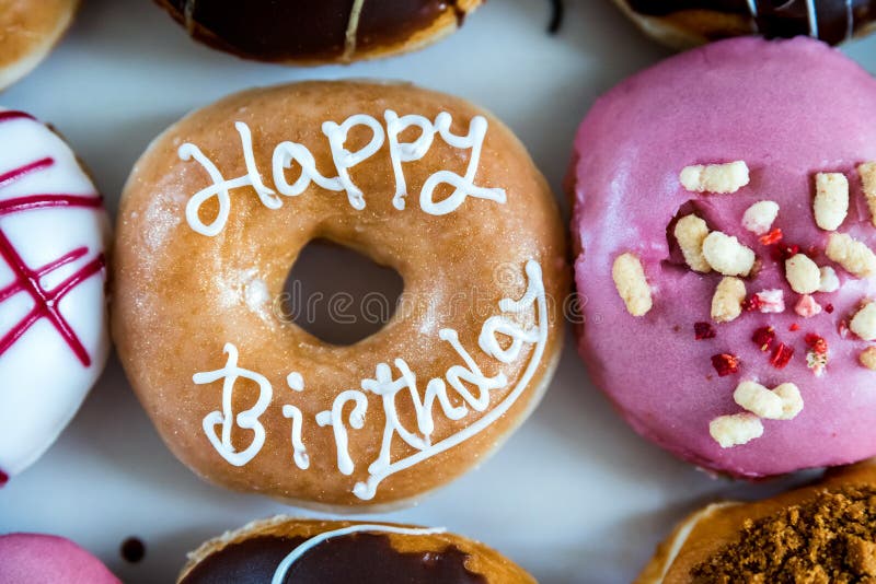 Happy Birthday Multicoloured Donuts Inside White Box Stock Photo ...