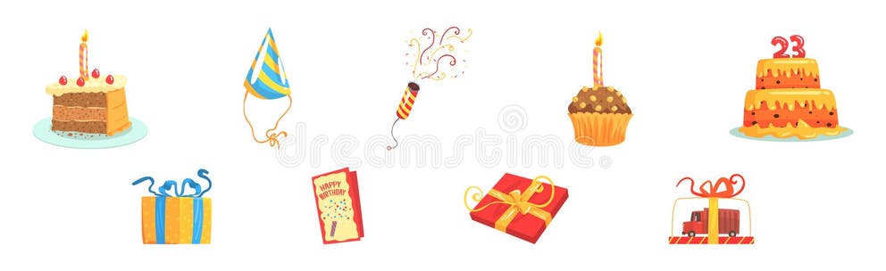 Happy Birthday Object and Festive Event Element Vector Set Stock Vector ...
