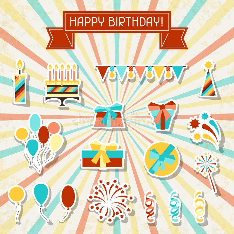 Happy Birthday Party Sticker Icons Set Stock Vector - Illustration of ...