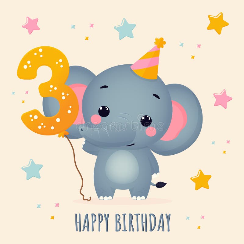 Happy Birthday Postcard with Cute Elephant and Number Three Flat Vector ...
