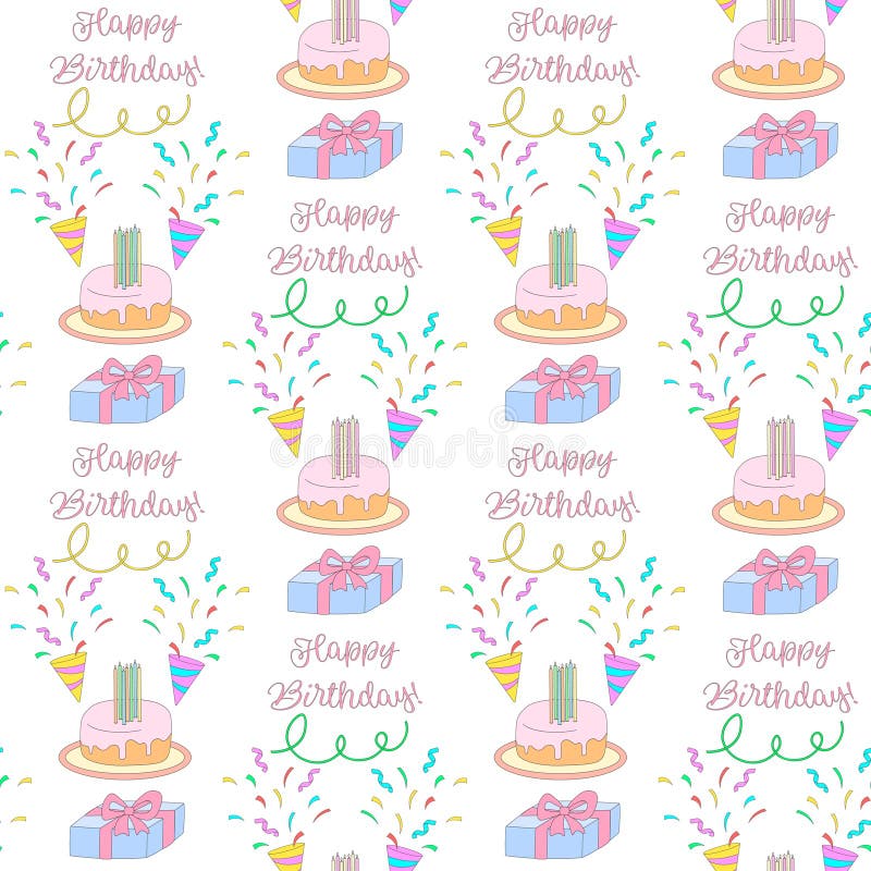 Happy Birthday Seamless Vector Pattern with Cake, Gift Box and ...