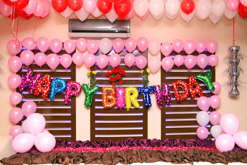 Happy Birthday Stage Backdrop with Beautiful Pink Balloons Stock Photo ...